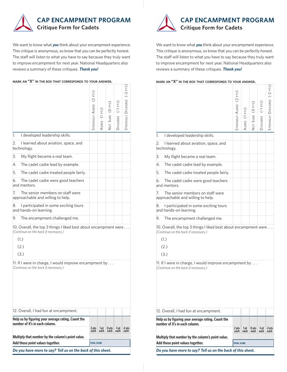 Critique Form for Cadets - CAP Encampment Program - Fill Out, Sign ...