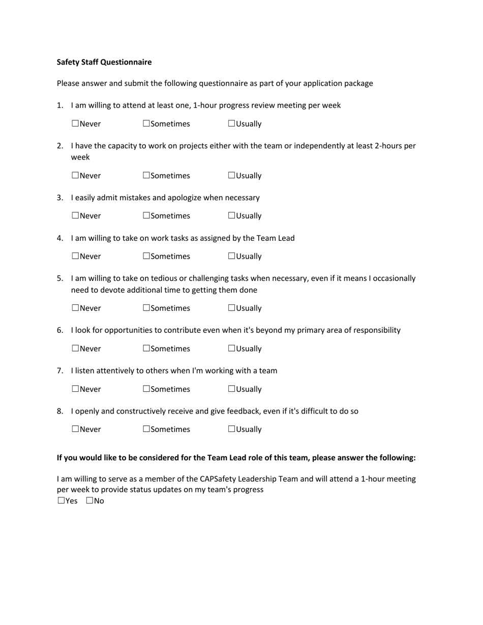 Safety Staff Questionnaire - Fill Out, Sign Online and Download PDF ...