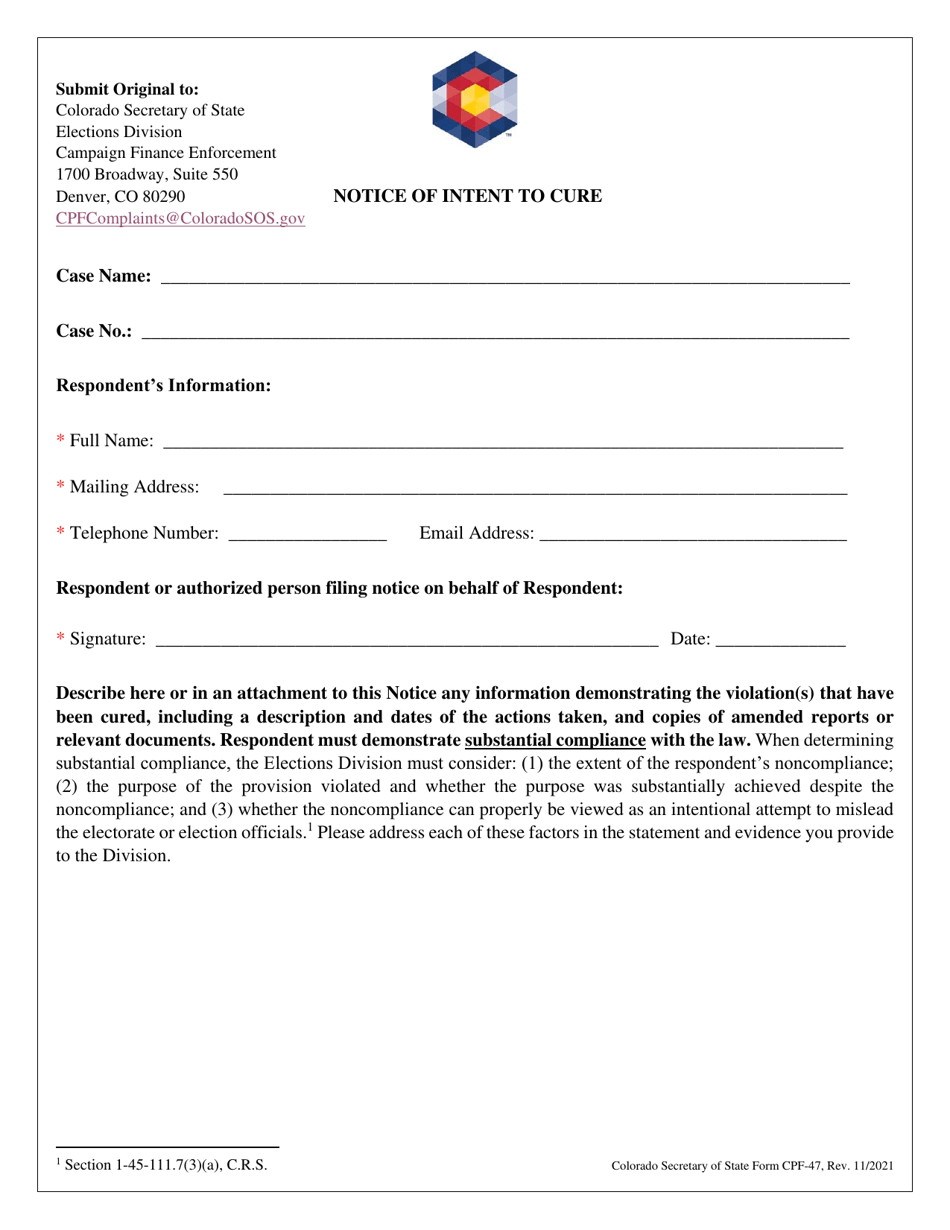 Form CPF-47 - Fill Out, Sign Online and Download Fillable PDF, Colorado ...