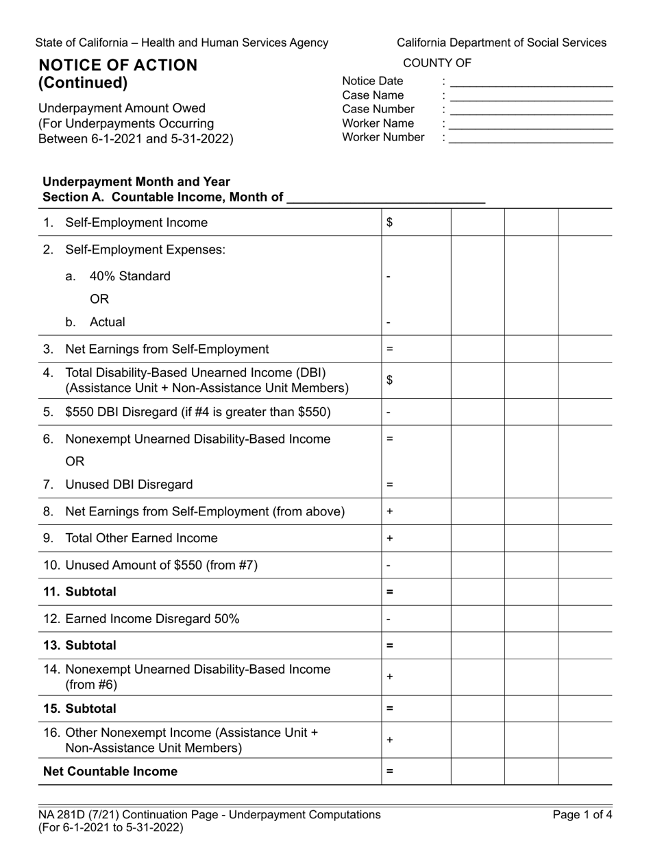 Form NA281D Download Fillable PDF or Fill Online Notice of Action ...