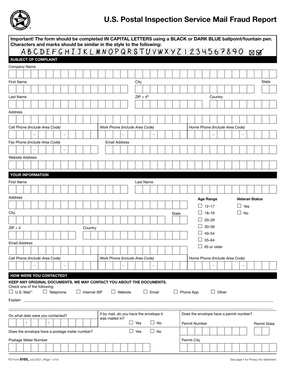 PS Form 8165 Download Printable PDF or Fill Online U.S. Postal ...