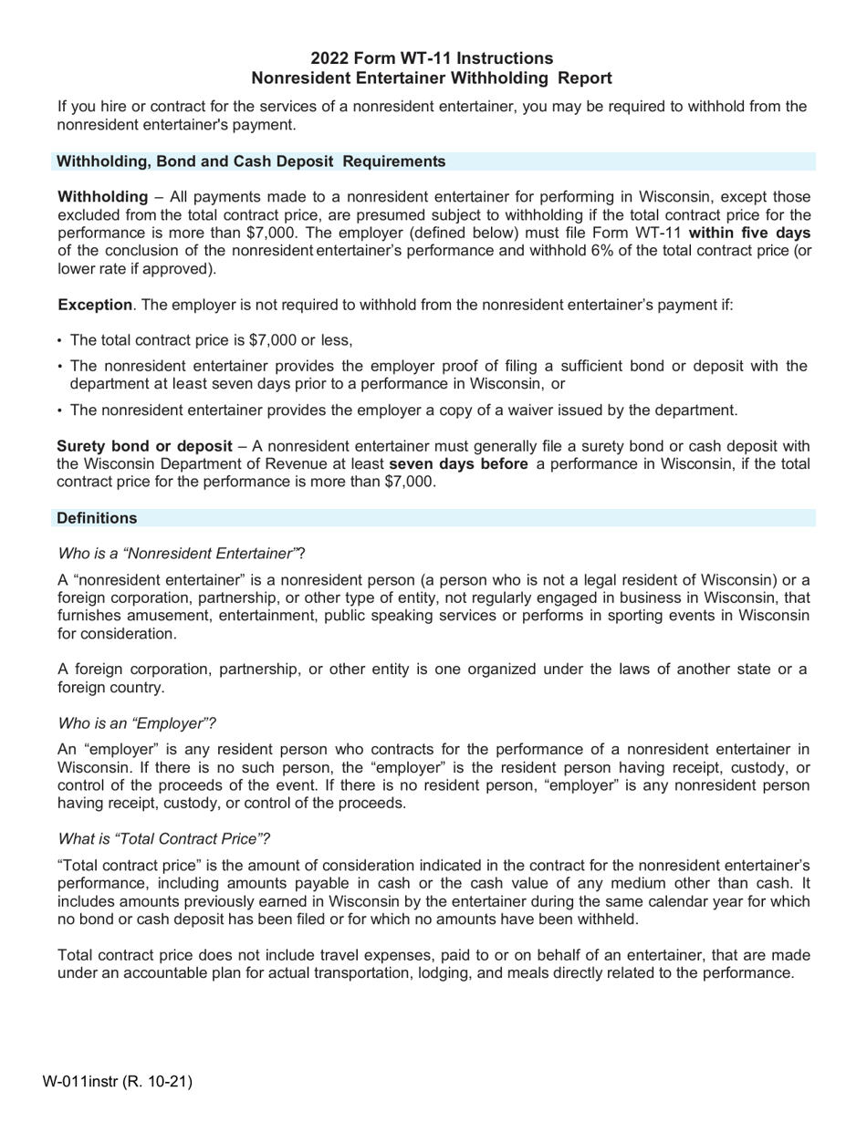 Download Instructions for Form WT-11, W-011 Nonresident Entertainer ...