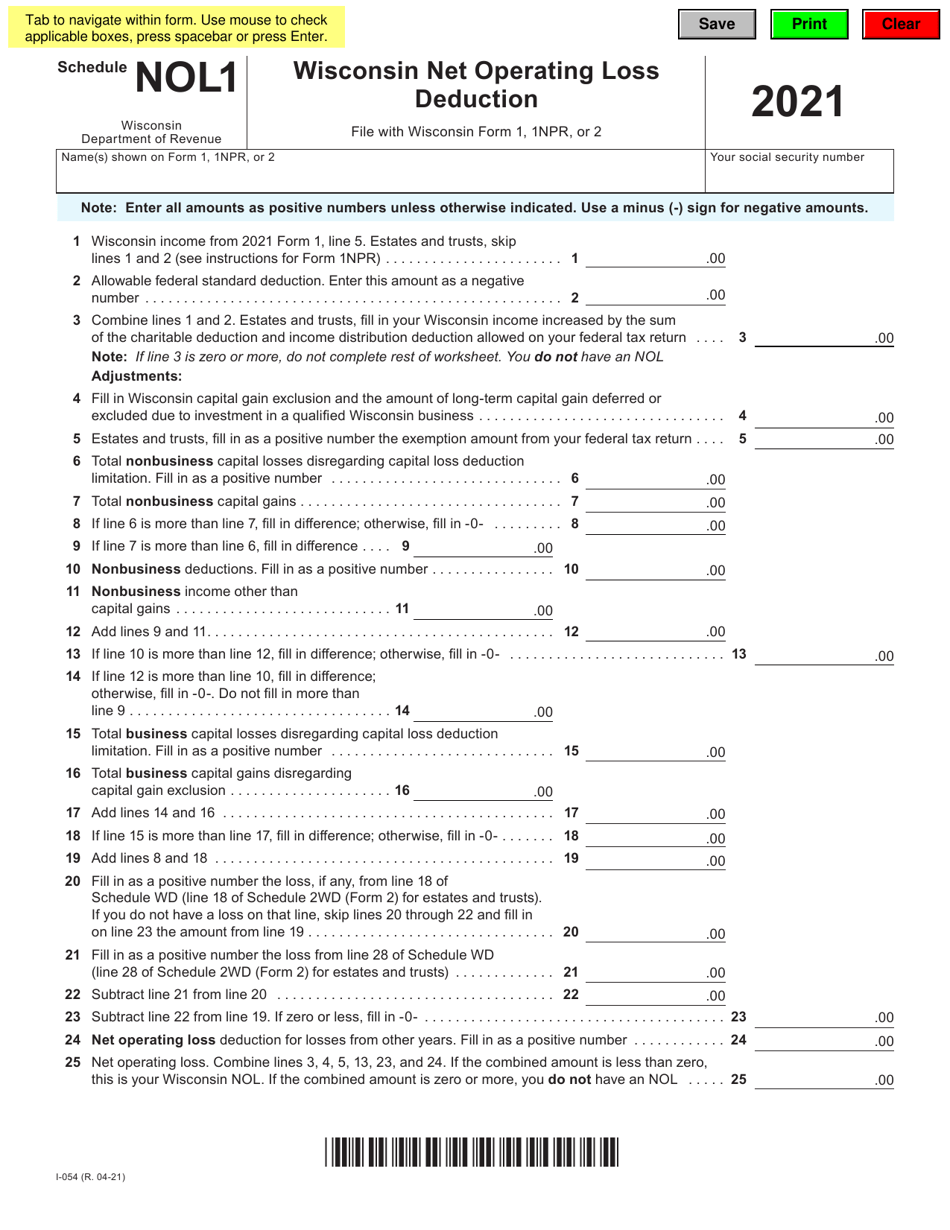 Form I-054 Schedule NOL1 Download Fillable PDF or Fill Online Wisconsin ...