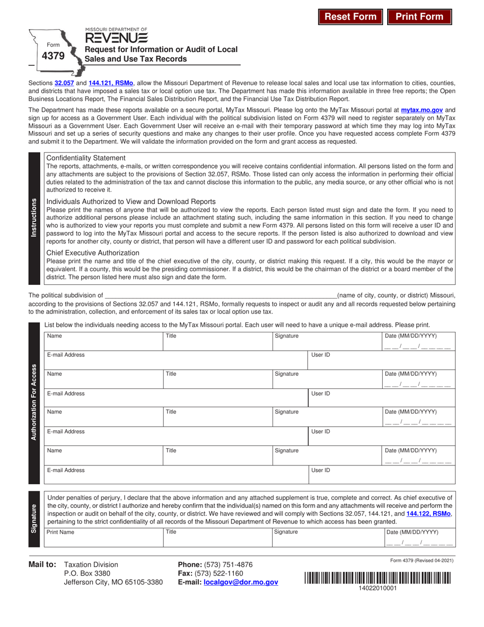Form 4379 - Fill Out, Sign Online and Download Fillable PDF, Missouri ...