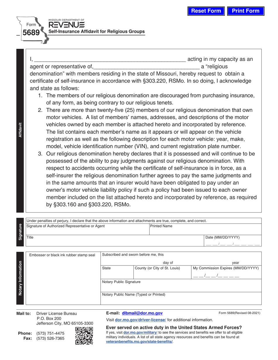 Form 5689 - Fill Out, Sign Online and Download Fillable PDF, Missouri ...