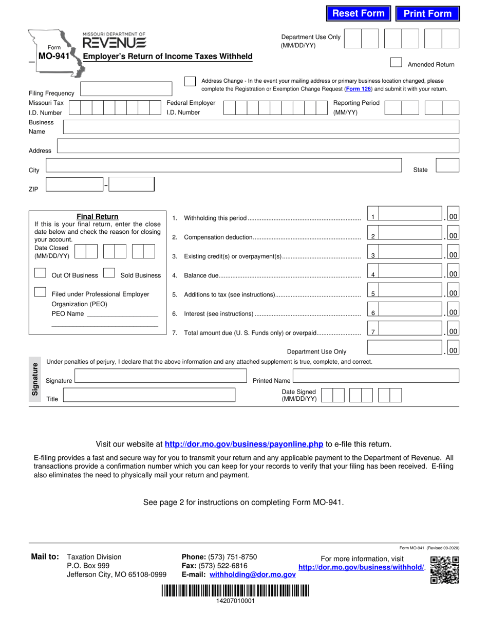 Form MO-941 Download Fillable PDF or Fill Online Employer's Return of ...