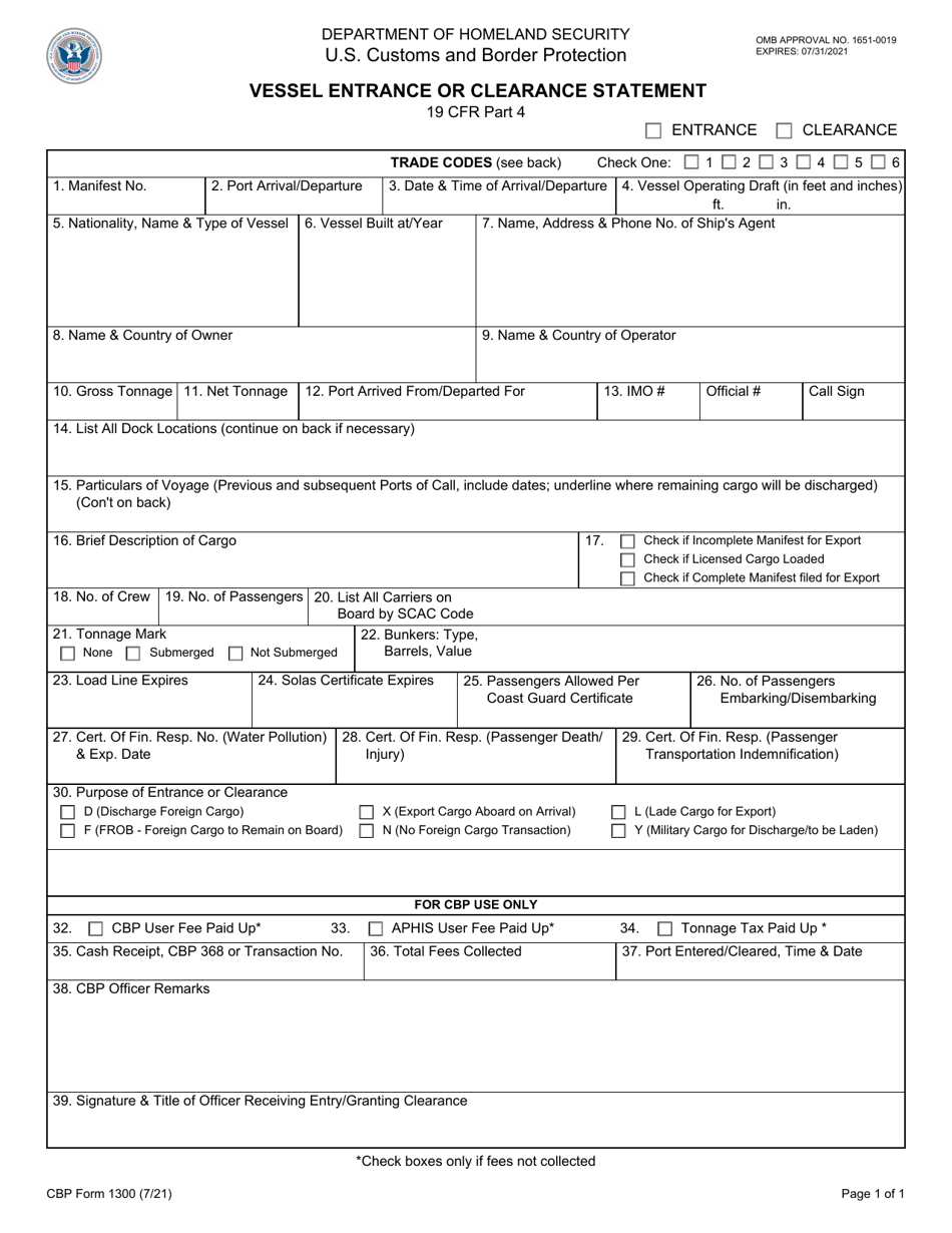 CBP Form 1300 Download Fillable PDF or Fill Online Vessel Entrance or ...
