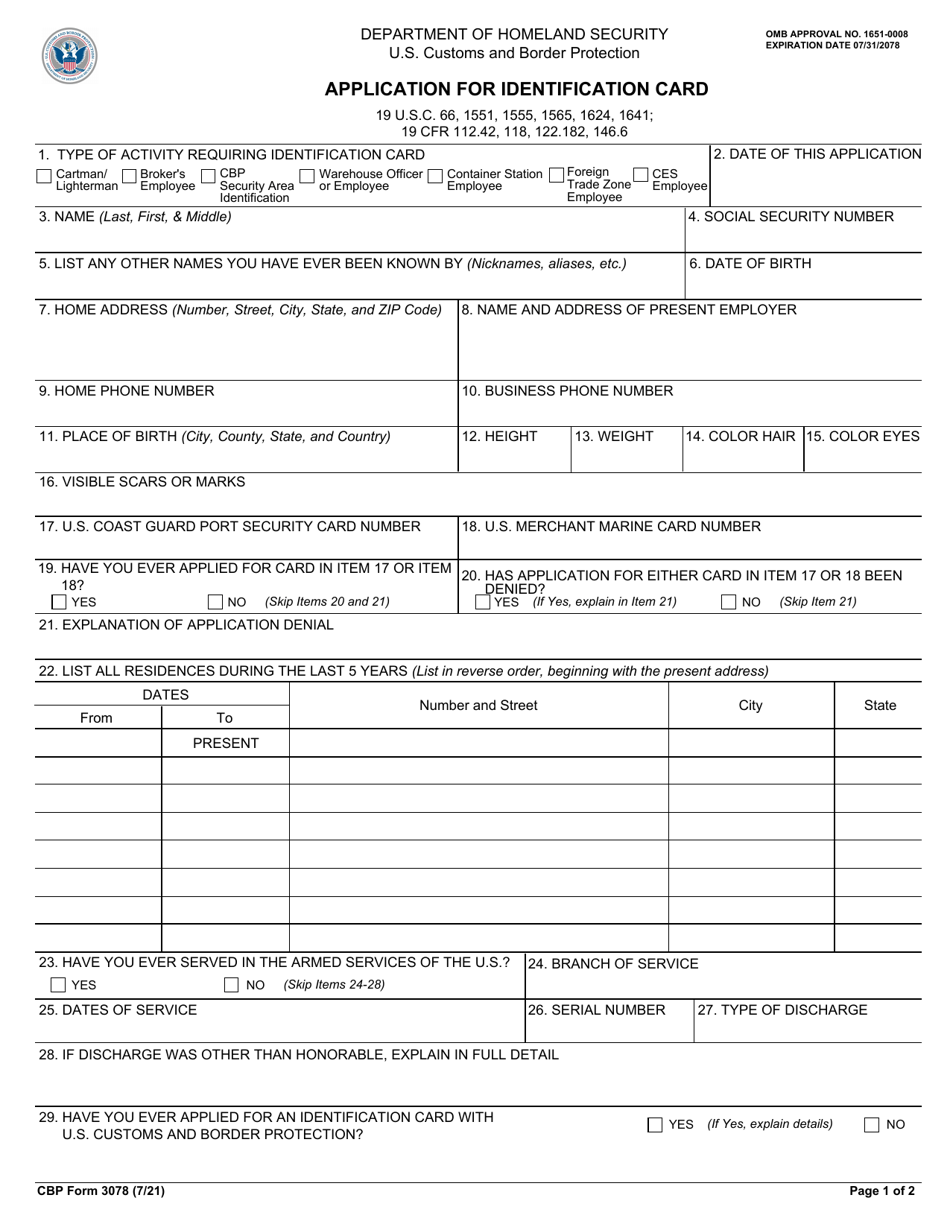 CBP Form 3078 Download Fillable PDF or Fill Online Application for ...