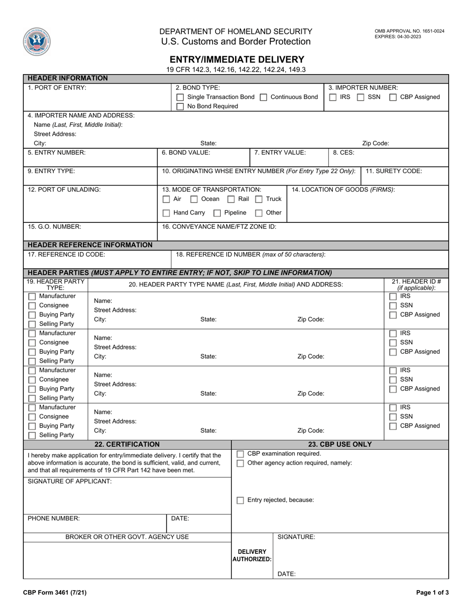 CBP Form 3461 Download Fillable PDF or Fill Online Entry/Immediate ...