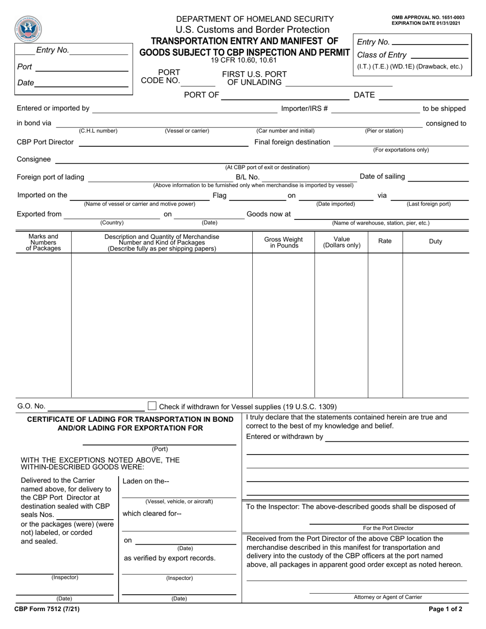 CBP Form 7512 Download Fillable PDF or Fill Online Transportation Entry ...