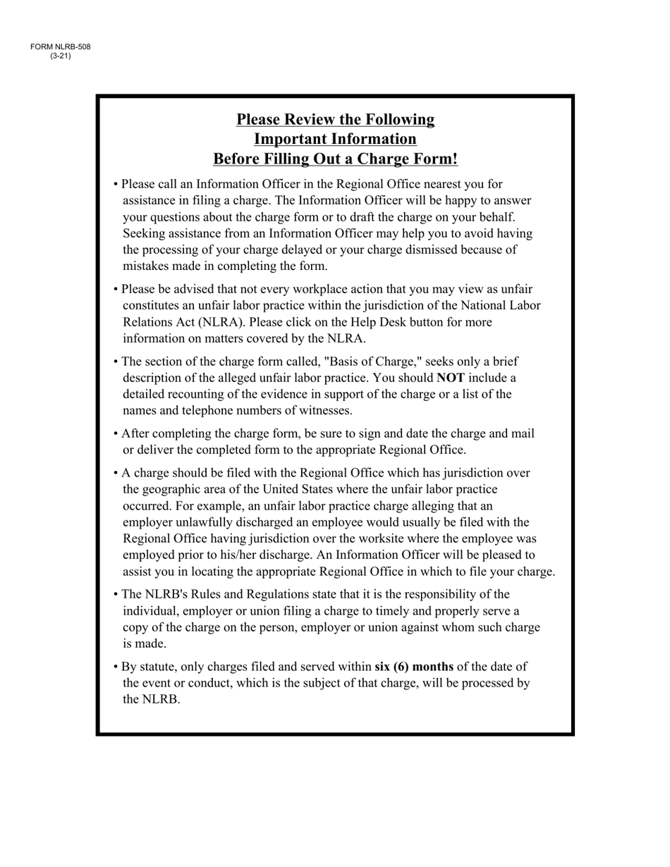 Form NLRB-508 Download Fillable PDF or Fill Online Charge Against Labor ...