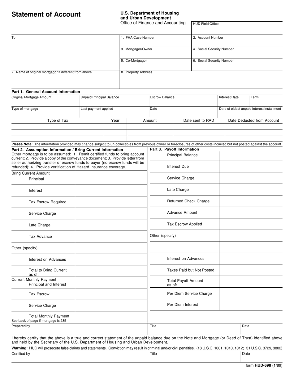 Form HUD-698 - Fill Out, Sign Online and Download Fillable PDF ...