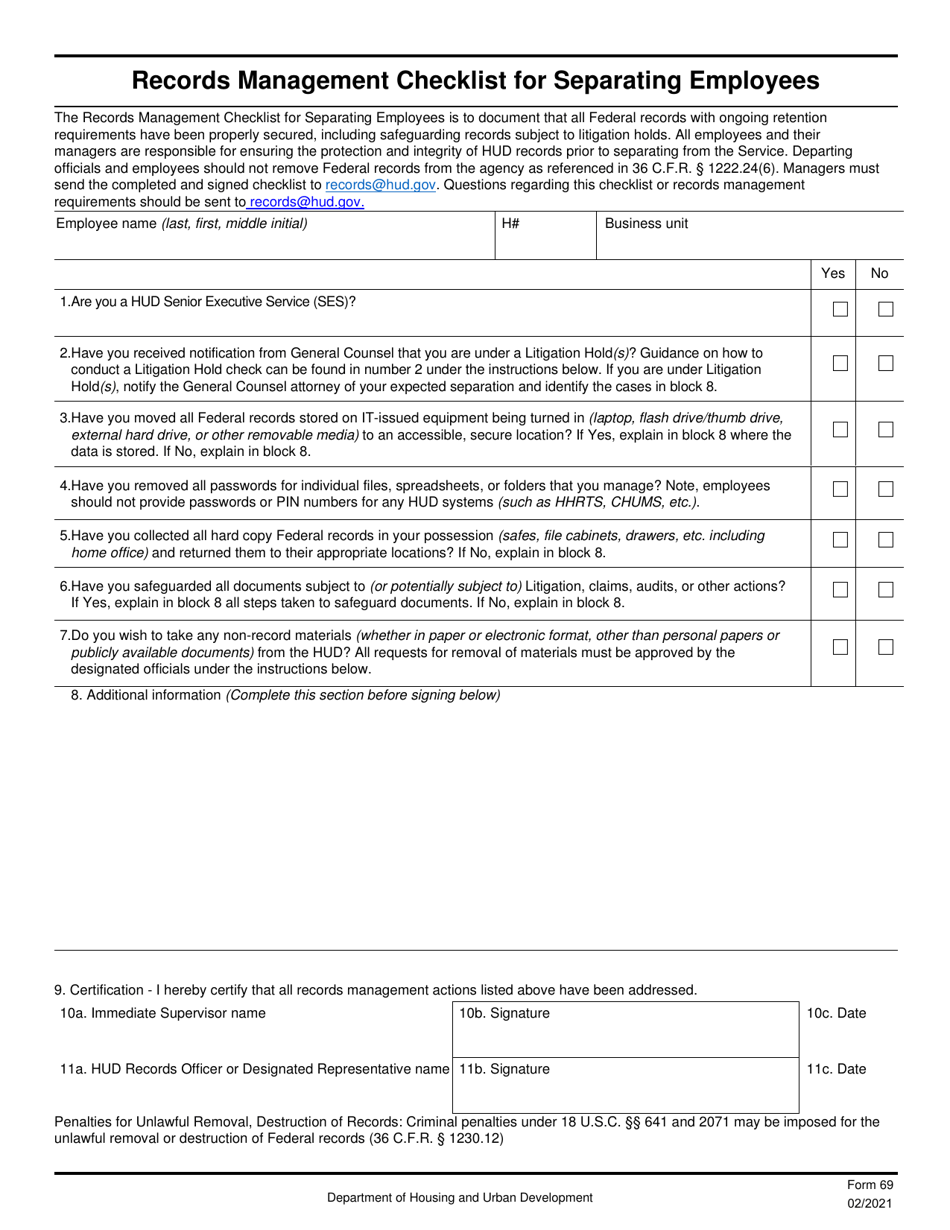 Form HUD-69 - Fill Out, Sign Online and Download Fillable PDF ...