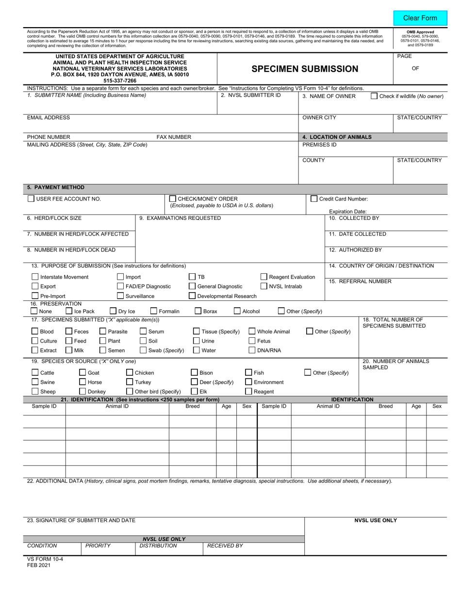 VS Form 10-4 Download Fillable PDF or Fill Online Specimen Submission ...