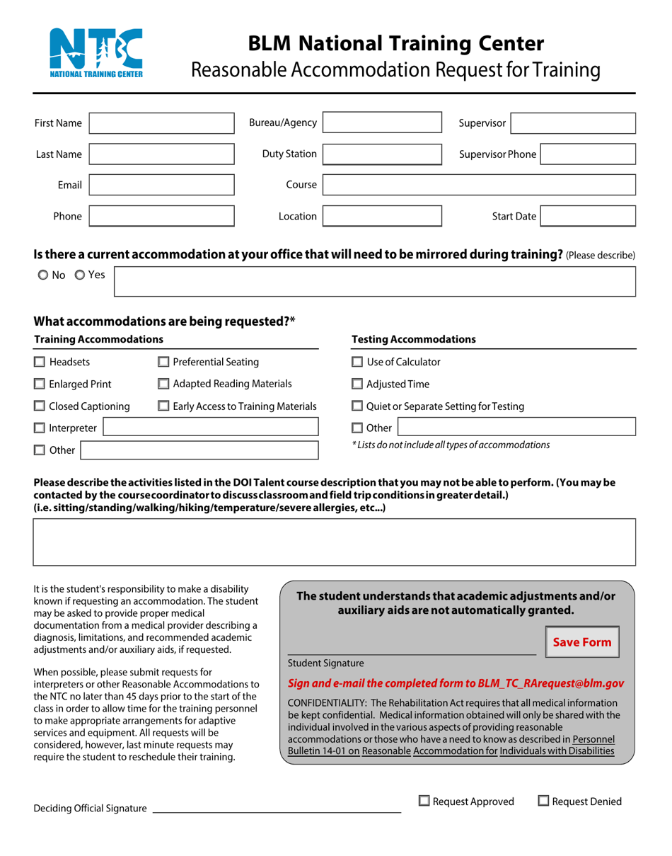 Reasonable Accommodation Request for Training - BLM National Training ...