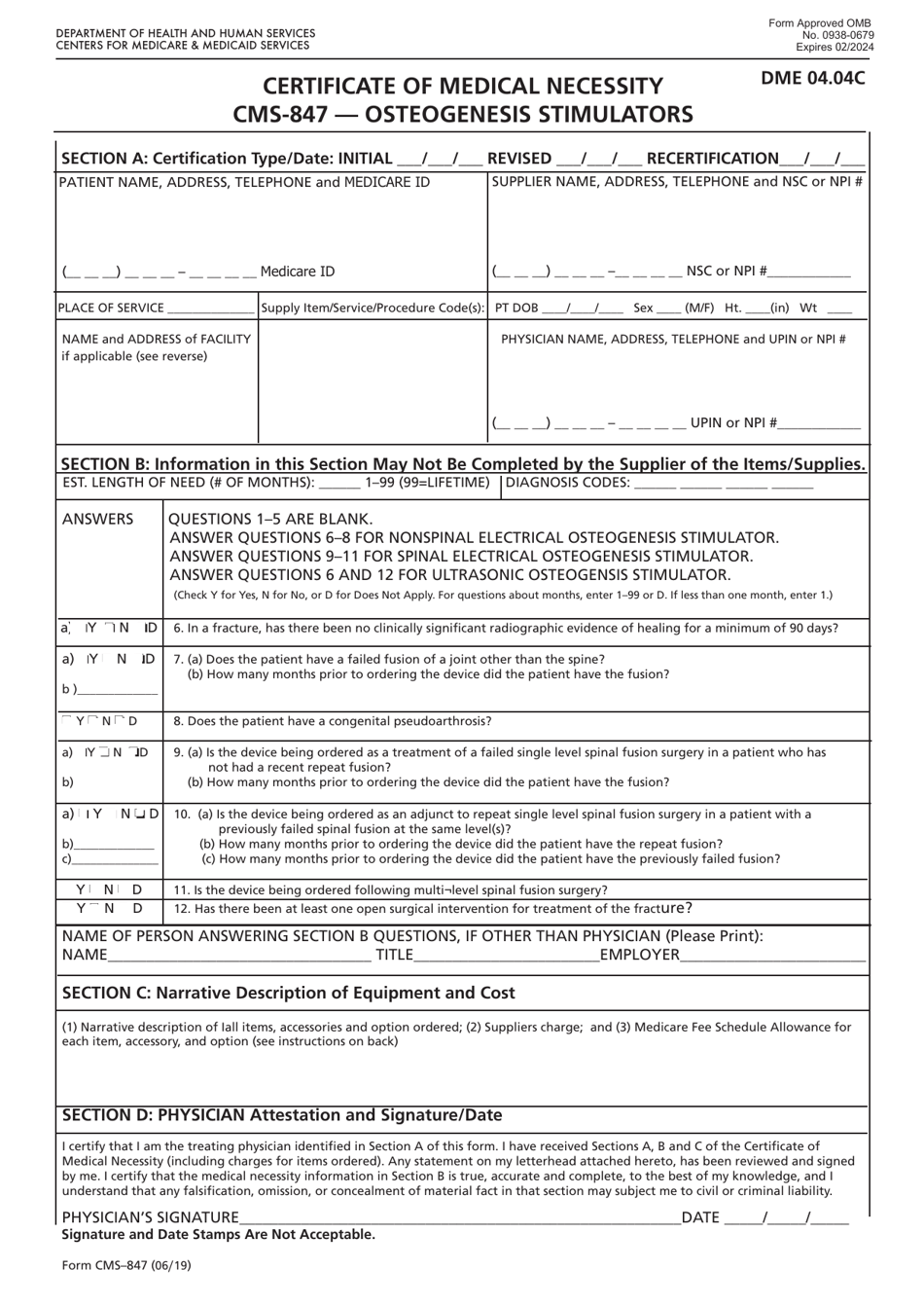 Form CMS-847 Download Fillable PDF or Fill Online Certificate of Medical Necessity ...