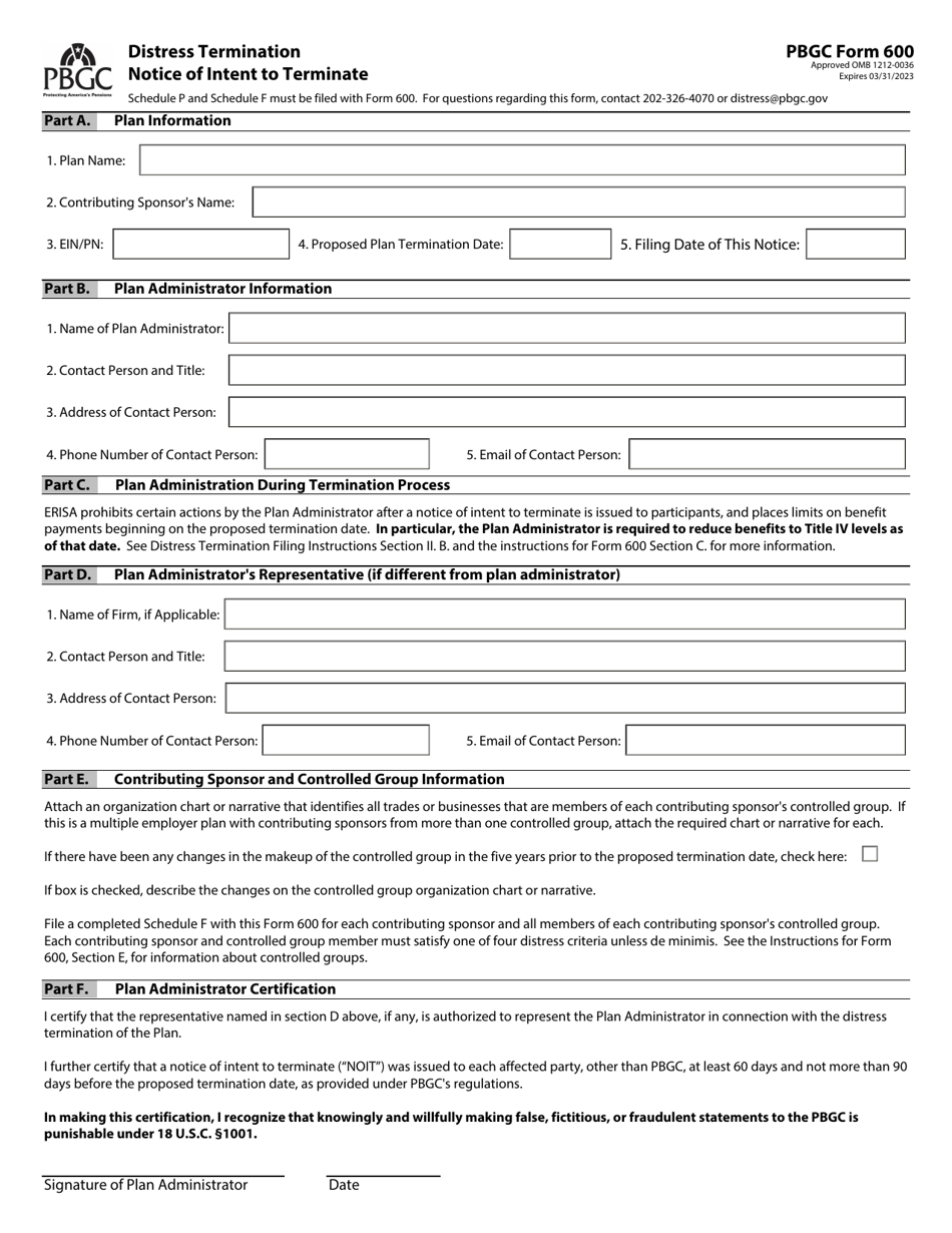 PBGC Form 600 - Fill Out, Sign Online and Download Fillable PDF ...