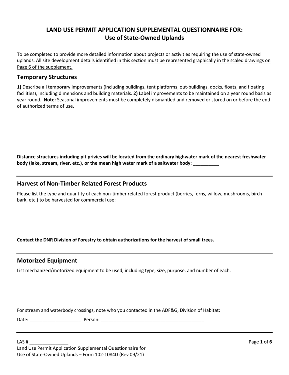 Form 102-1084D Download Fillable PDF or Fill Online Land Use Permit Application Supplemental ...