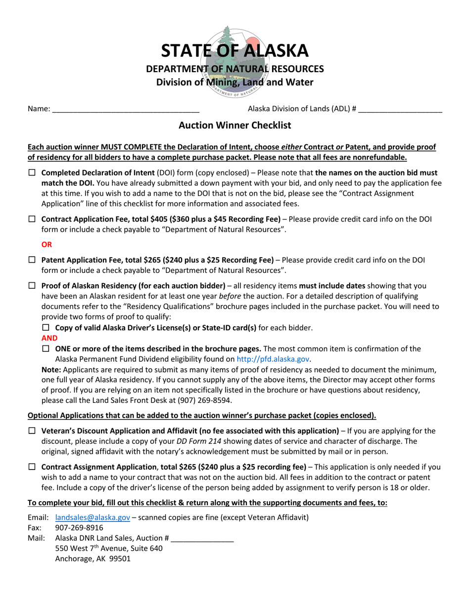 Alaska Auction Winner Checklist - Fill Out, Sign Online and Download ...