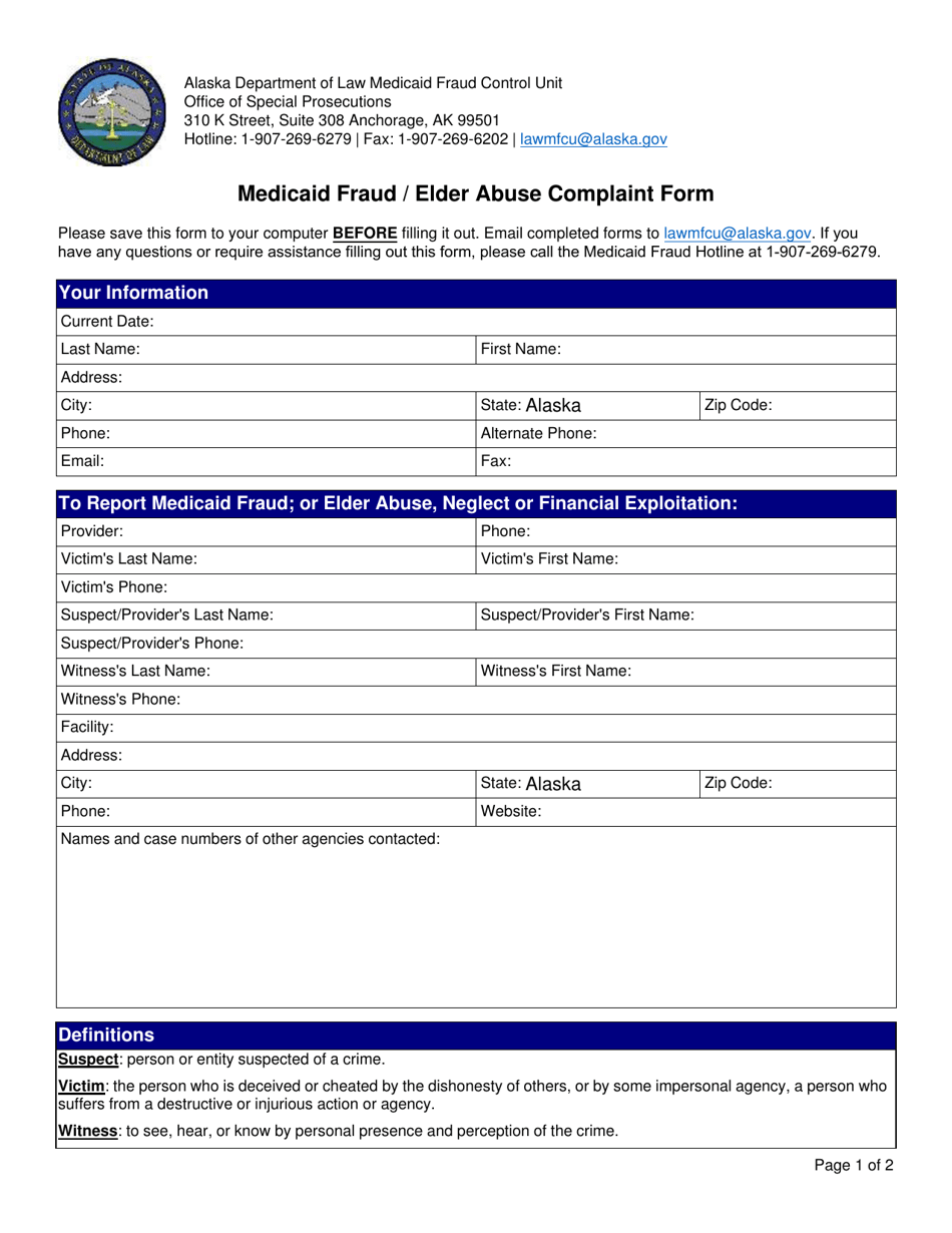 Alaska Medicaid Fraud/Elder Abuse Complaint Form - Fill Out, Sign ...