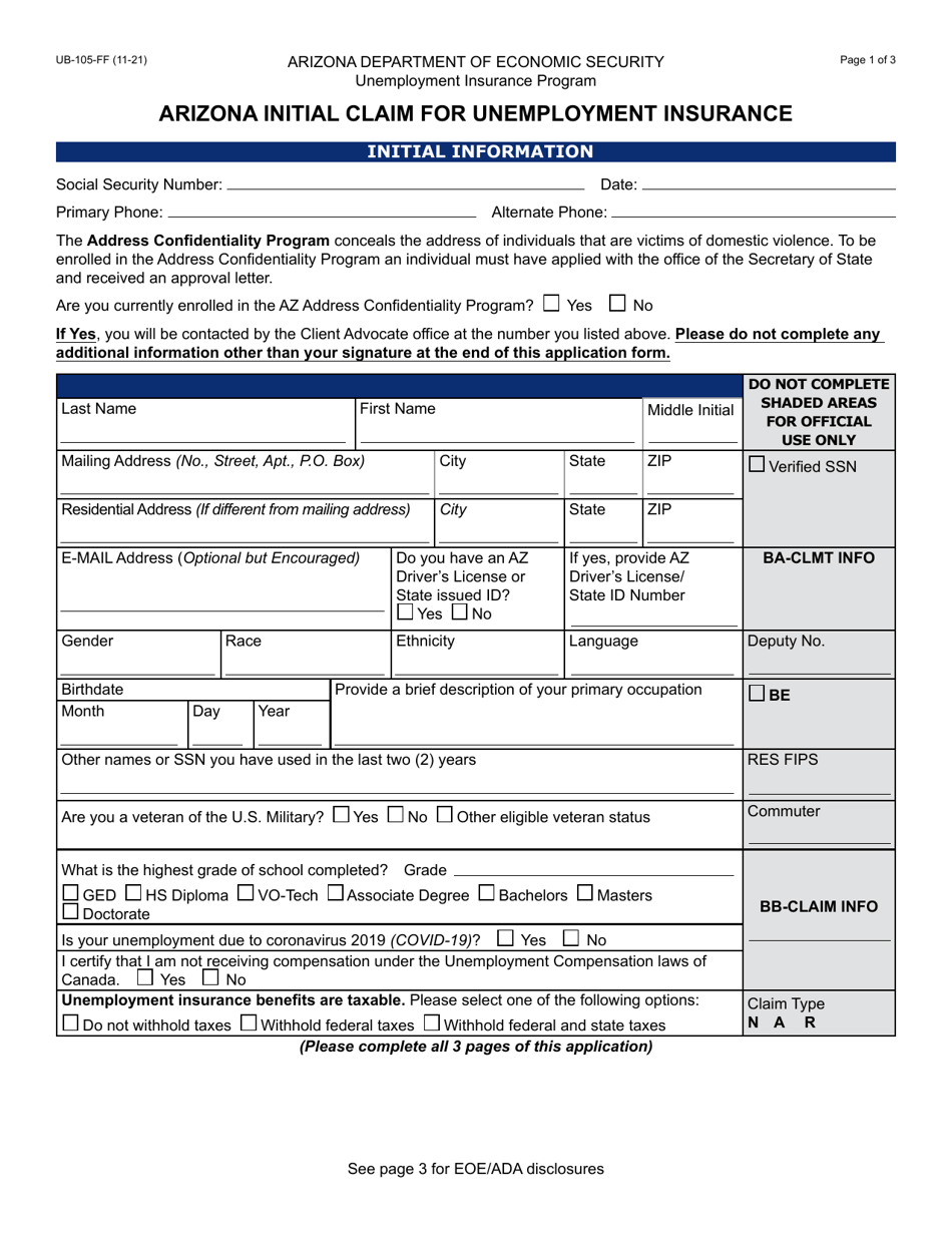 Form UB-105 Download Fillable PDF or Fill Online Arizona Initial Claim ...