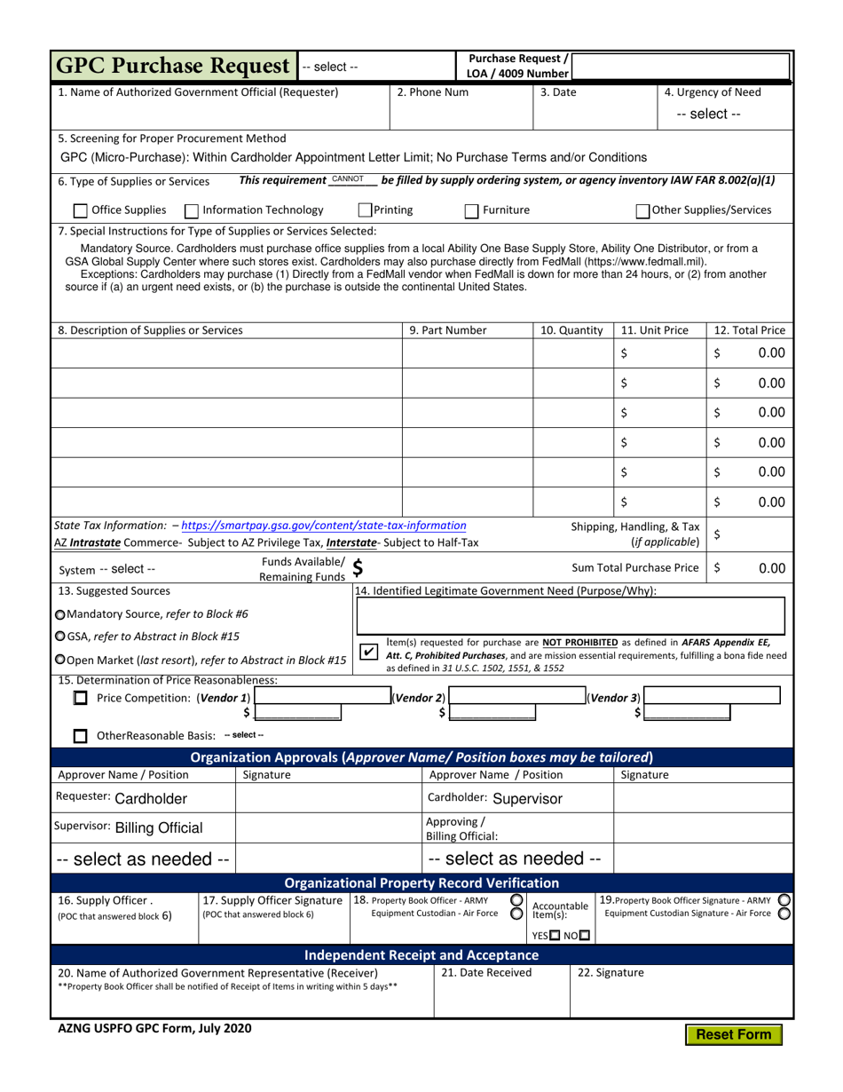 Form AZNG USPFO GPC - Fill Out, Sign Online and Download Fillable PDF ...