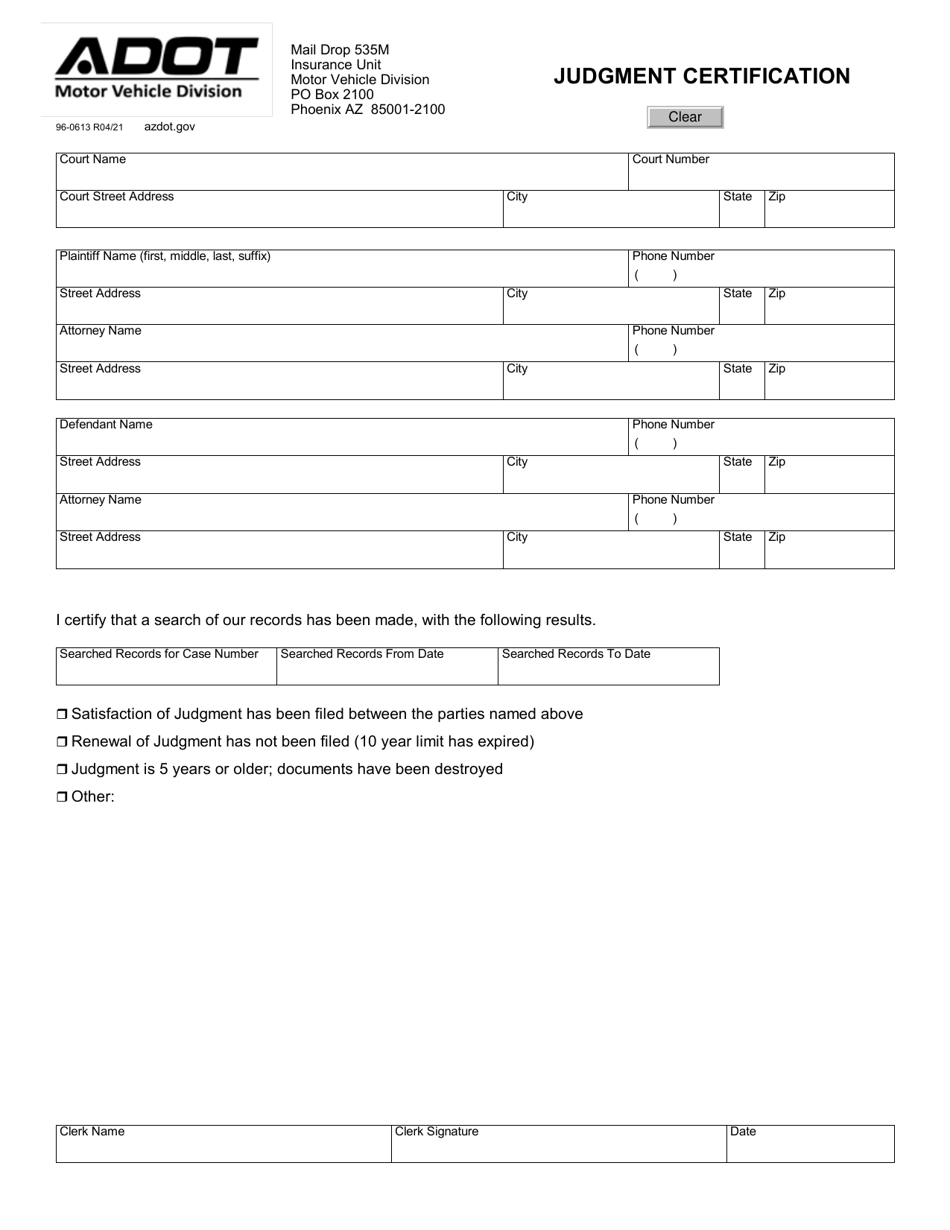 Form 96-0613 - Fill Out, Sign Online and Download Fillable PDF, Arizona ...