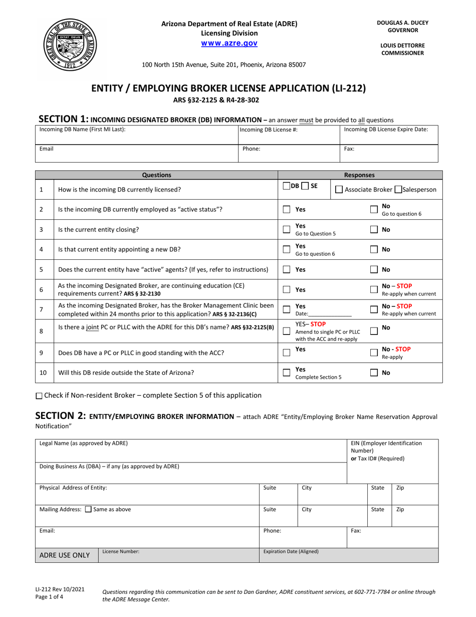 Form LI-212 Download Fillable PDF or Fill Online Entity/Employing ...