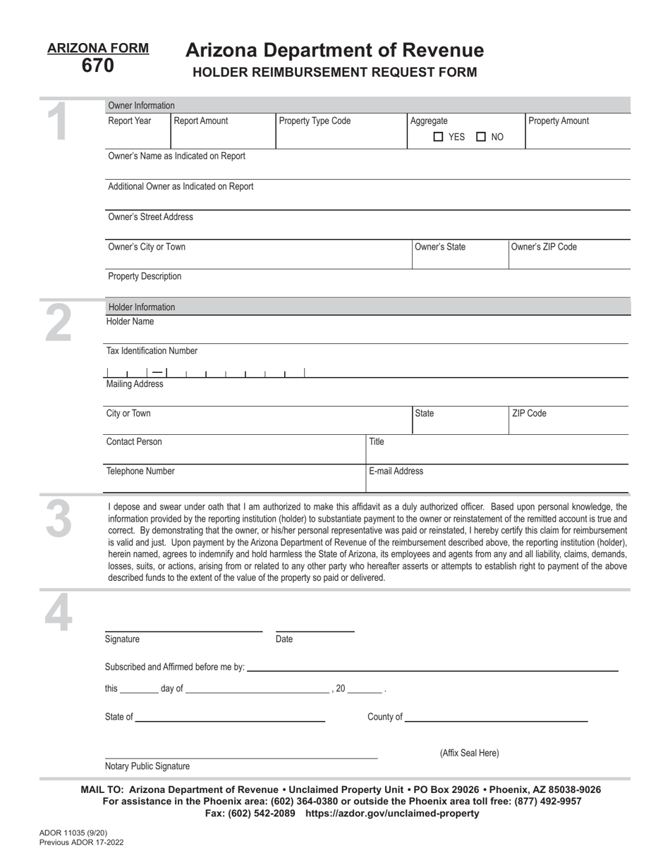 Arizona Form 670 (ADOR11035) - Fill Out, Sign Online and Download ...