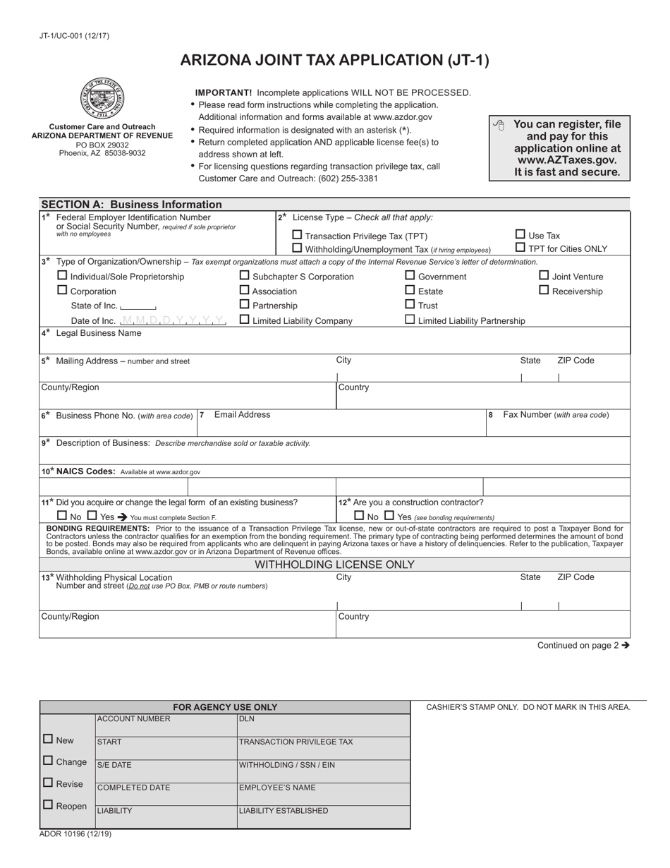 Form JT-1 (ADOR10196) - Fill Out, Sign Online and Download Fillable PDF ...