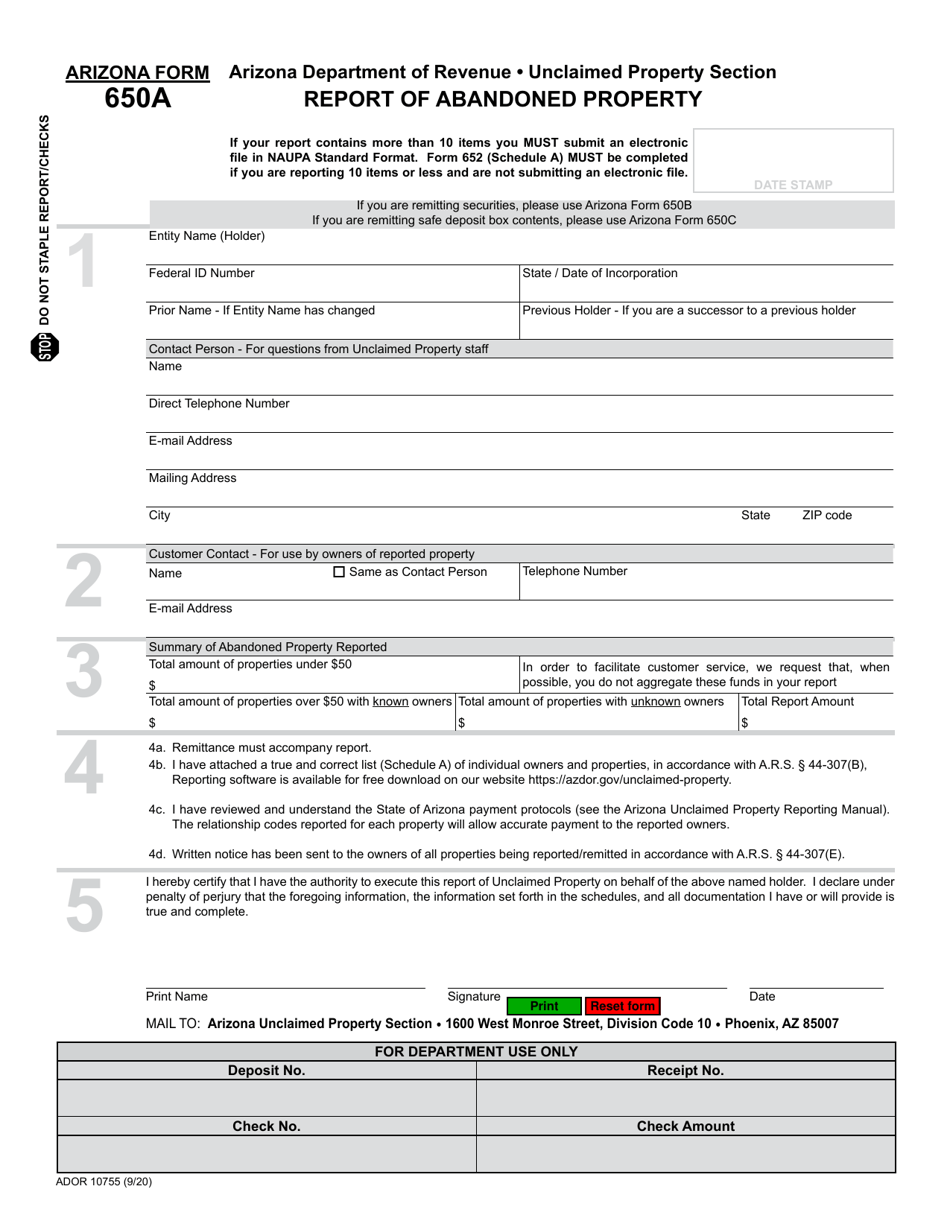 Arizona Form 650A (ADOR10755) - Fill Out, Sign Online and Download ...