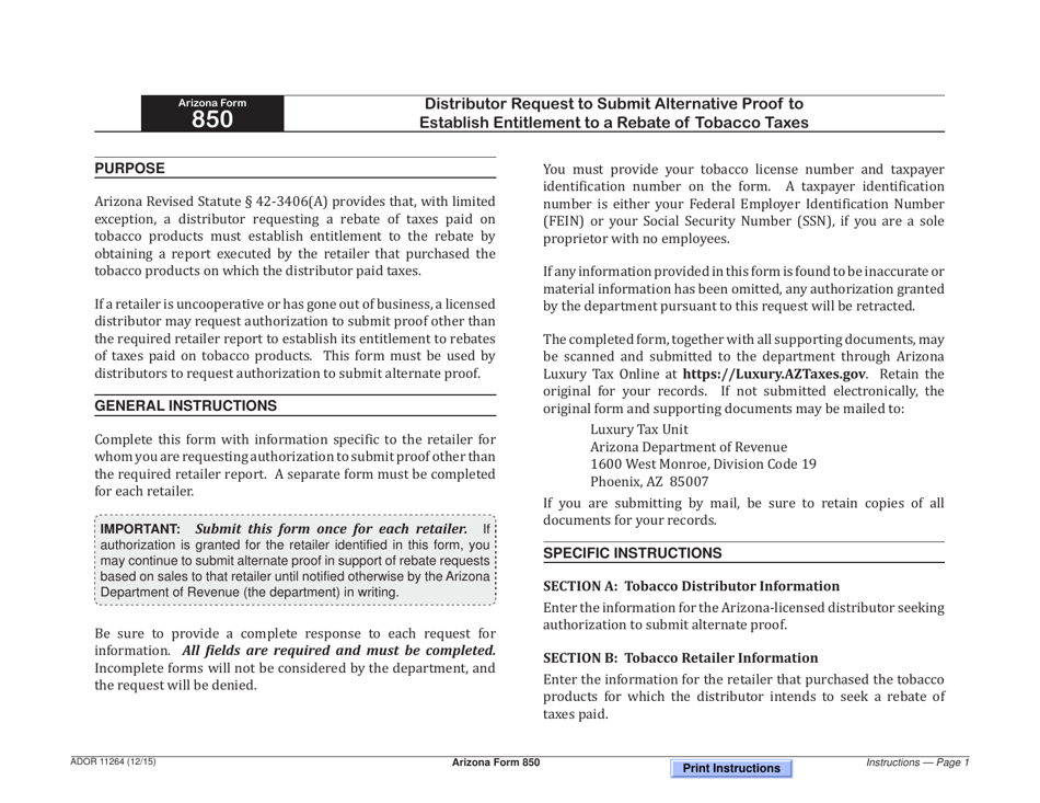 Arizona Form 850 (ADOR11264) - Fill Out, Sign Online and Download ...