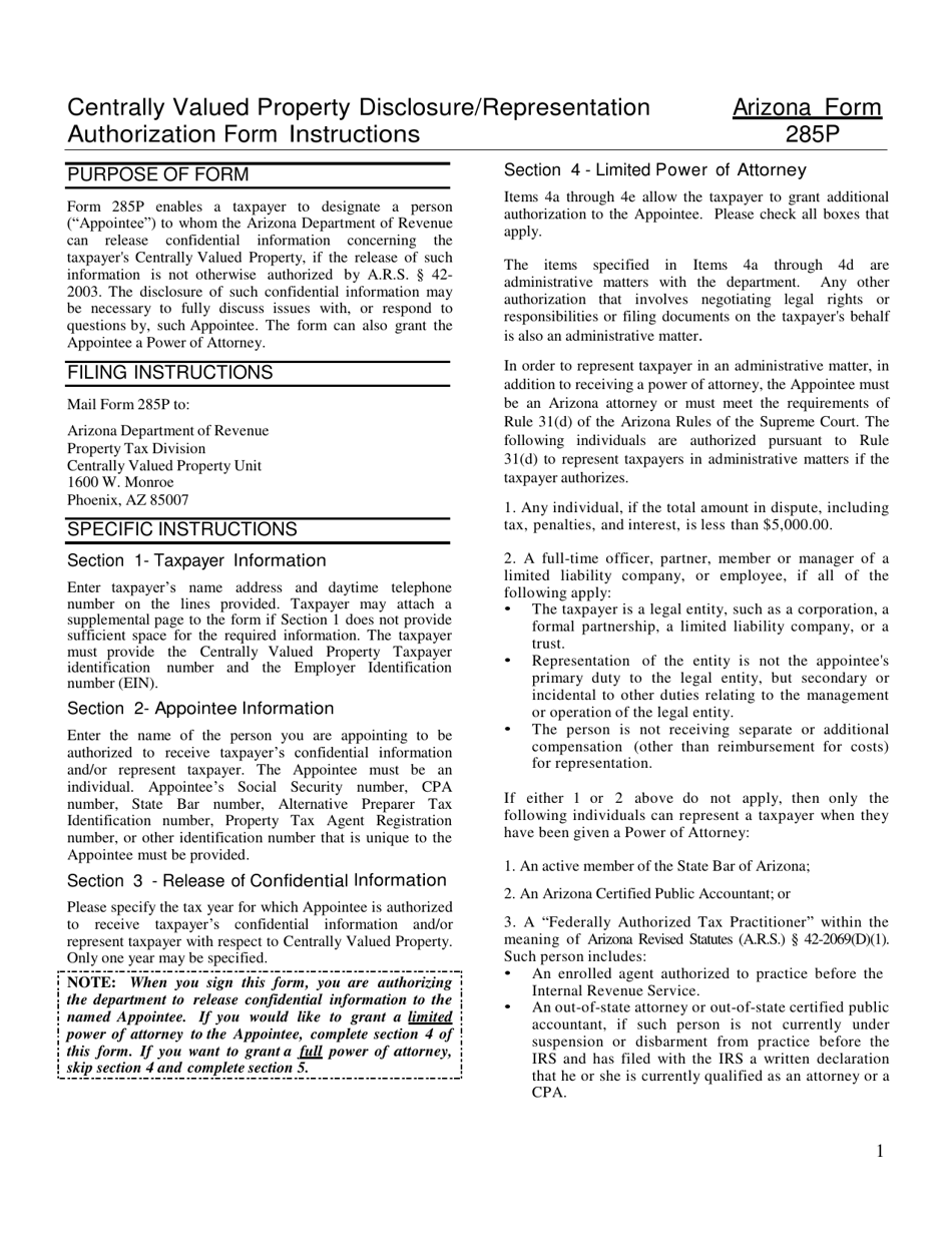 Download Instructions for Arizona Form 285P, ADOR82285P Centrally ...