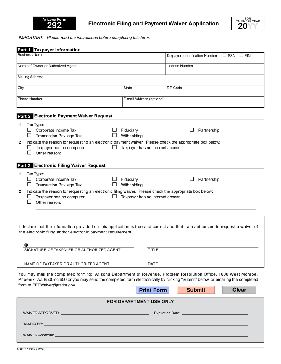 Arizona Form 292 (ADOR11367) - Fill Out, Sign Online and Download ...