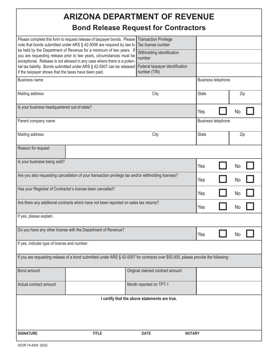 Form ADOR74-4008 - Fill Out, Sign Online and Download Fillable PDF ...
