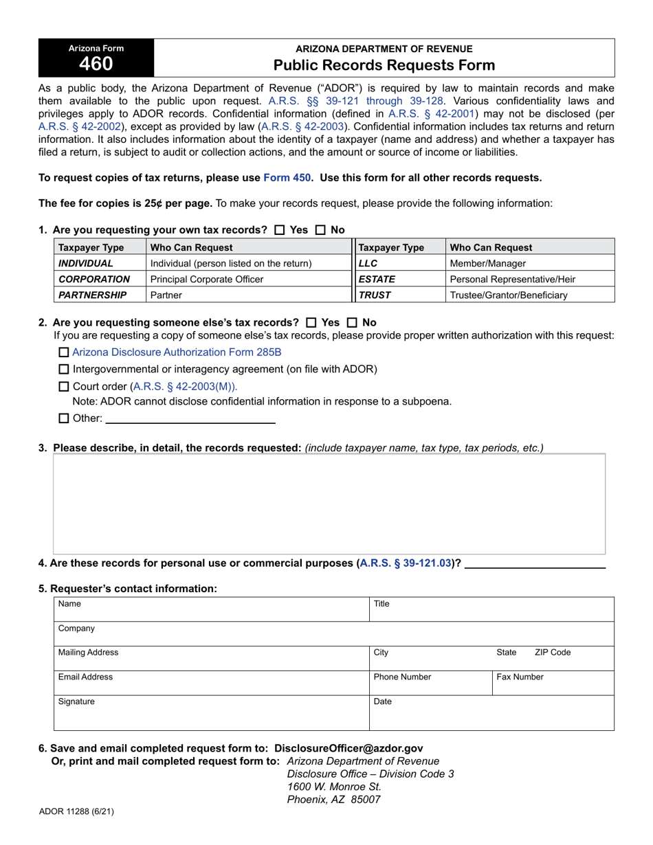 Arizona Form 460 (ADOR11288) - Fill Out, Sign Online and Download ...