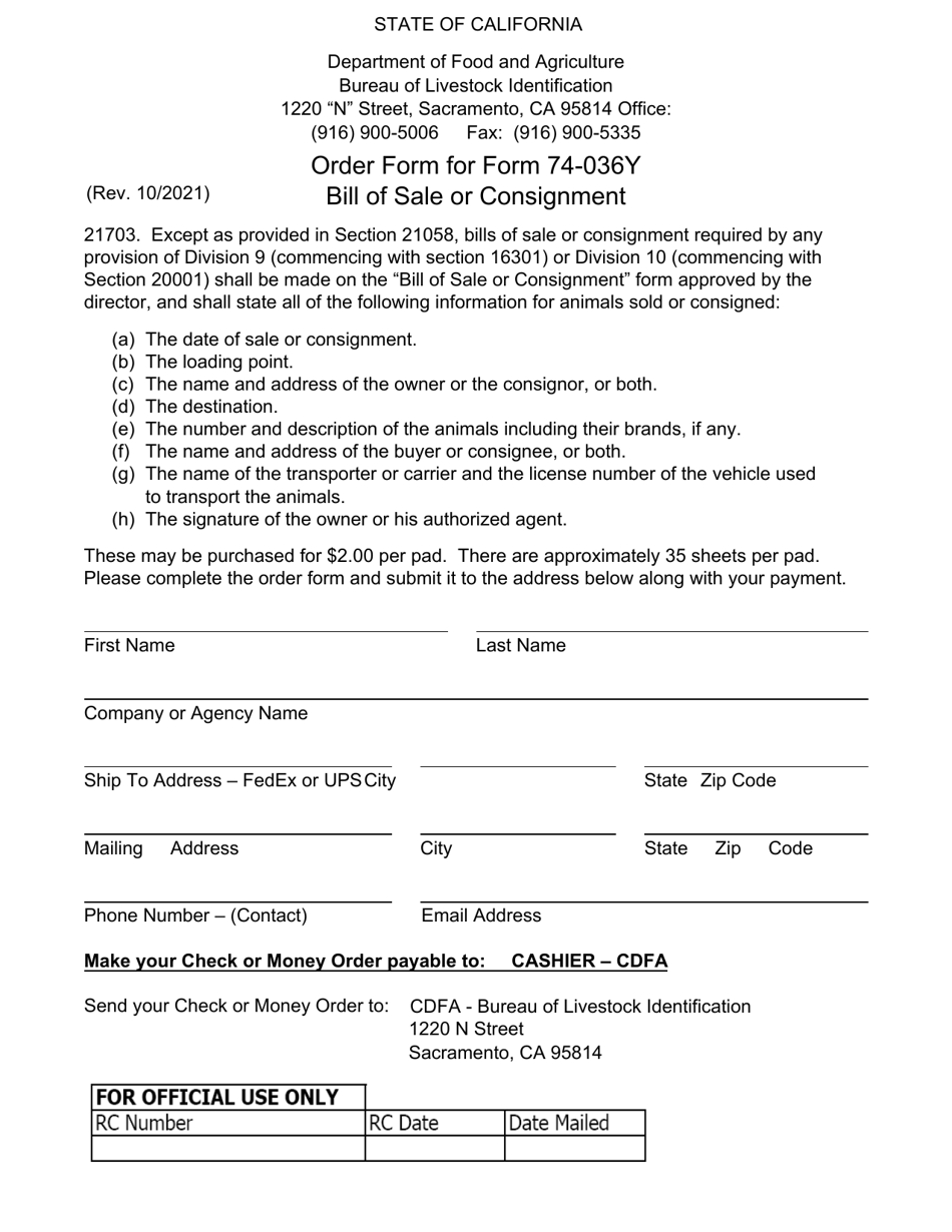 Form 74-036Y Download Fillable PDF or Fill Online Bill of Sale or ...