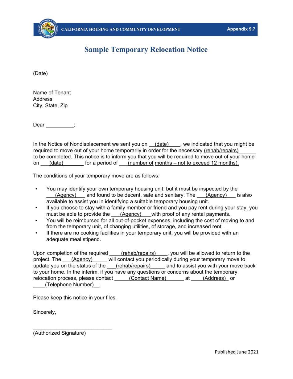 California Sample Temporary Relocation Notice - Fill Out, Sign Online ...
