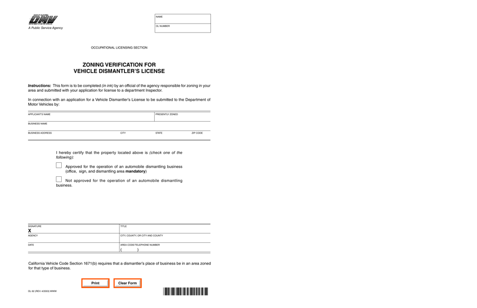 Form OL62 - Fill Out, Sign Online and Download Fillable PDF, California ...