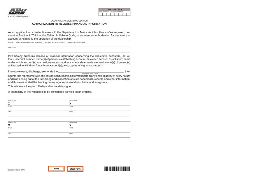 Form OL53 - Fill Out, Sign Online and Download Fillable PDF, California ...