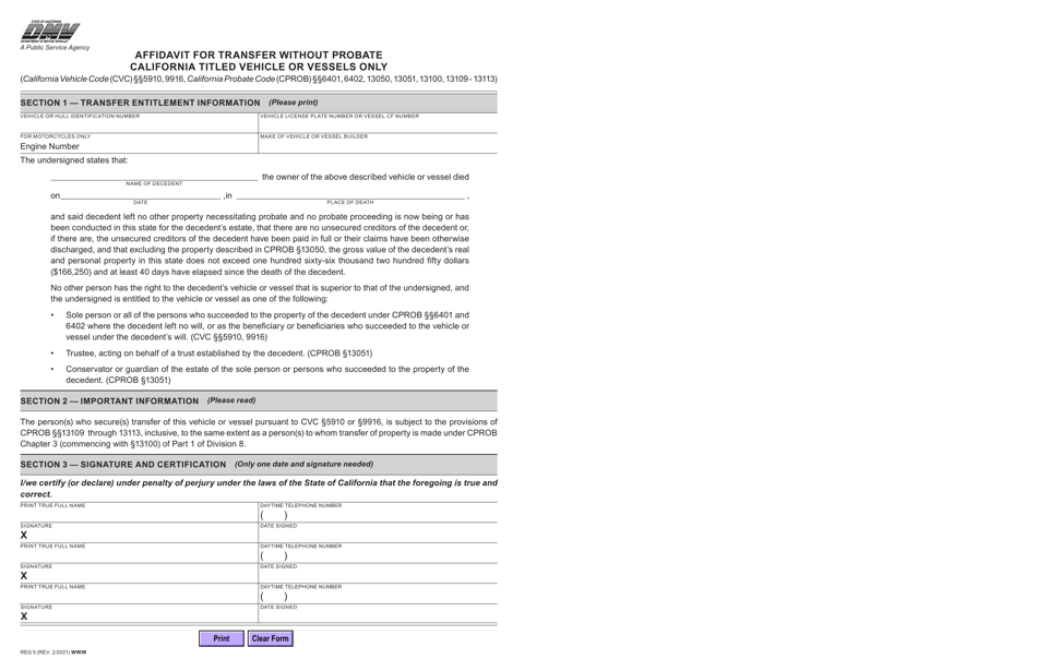 Form REG5 Download Fillable PDF or Fill Online Affidavit for Transfer ...