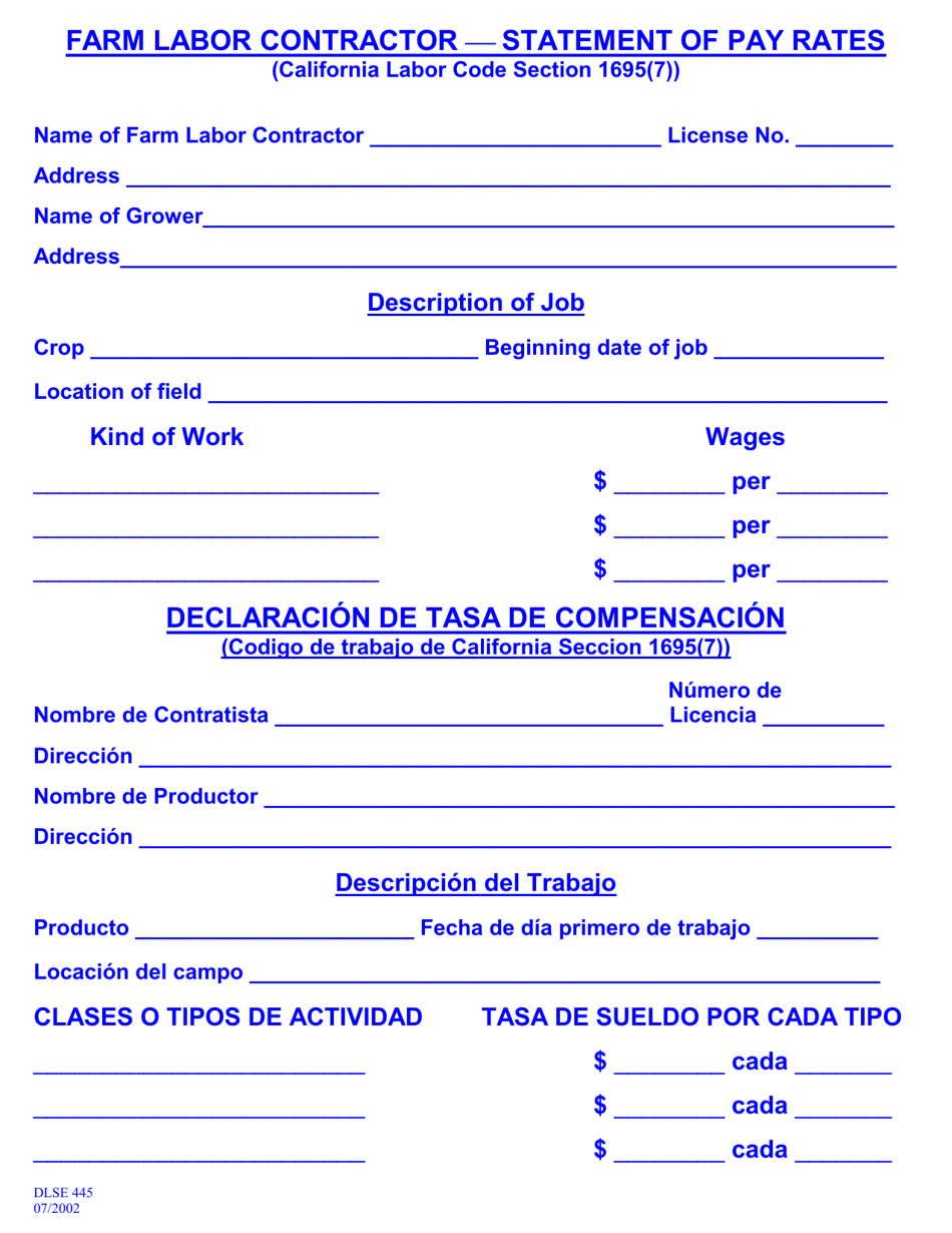 Form DLSE445 - Fill Out, Sign Online and Download Fillable PDF ...