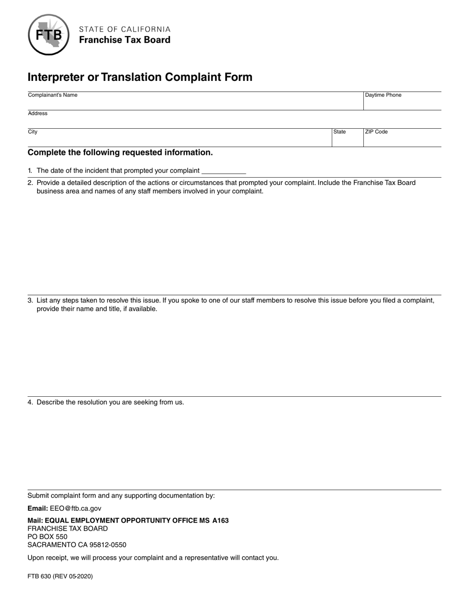 Form FTB630 Download Fillable PDF or Fill Online Interpreter or ...