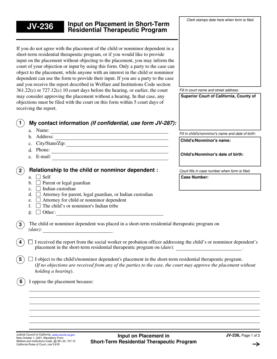 Form JV-236 - Fill Out, Sign Online and Download Fillable PDF ...