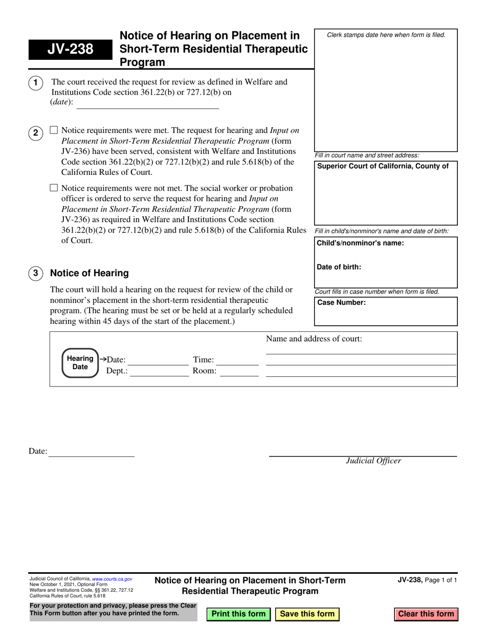 Form JV-238 - Fill Out, Sign Online and Download Fillable PDF ...