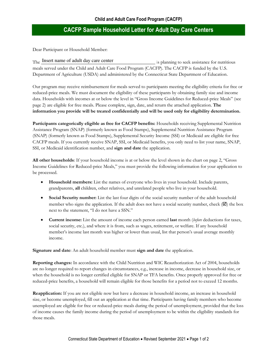 Connecticut CACFP Sample Household Letter for Adult Day Care Centers ...