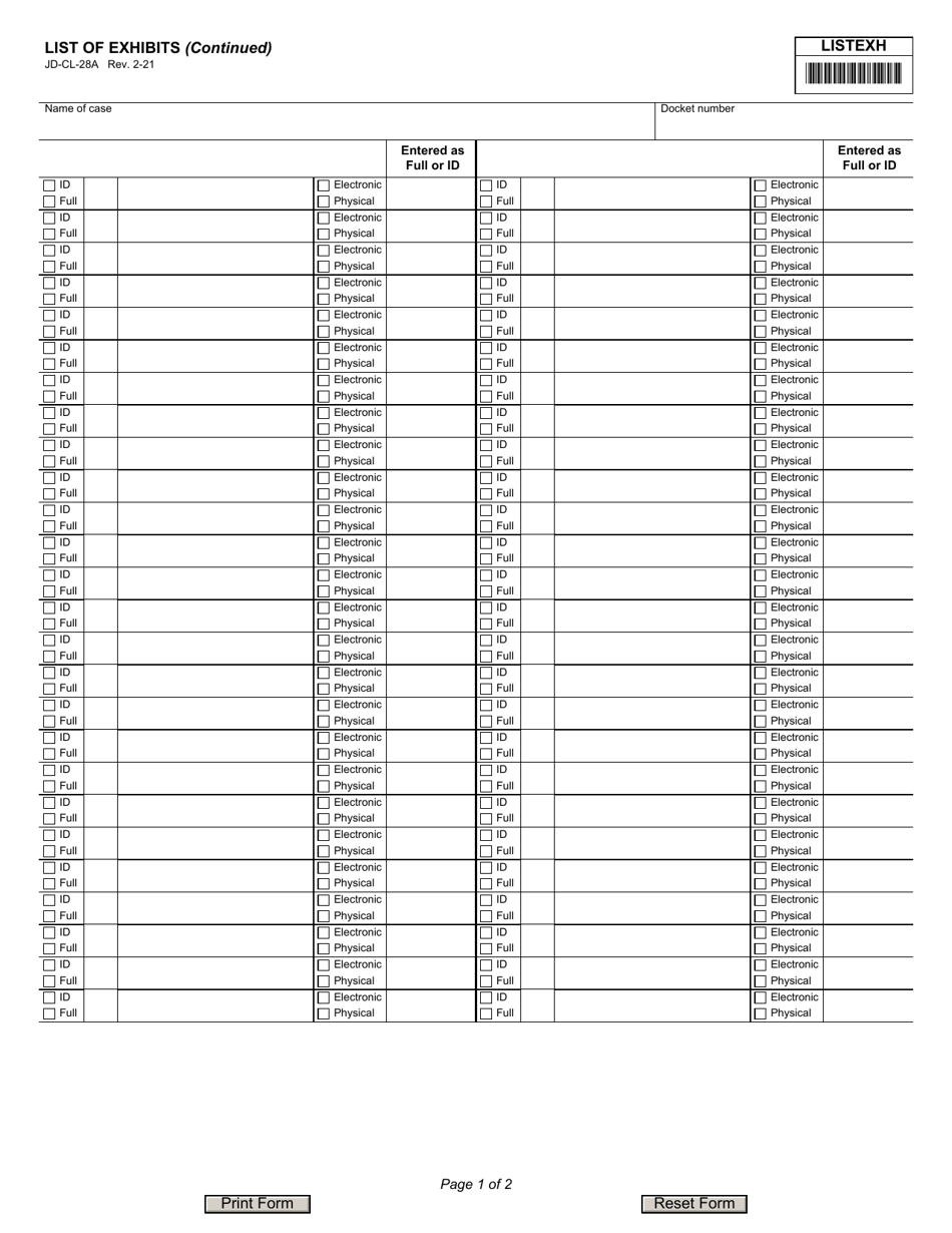 Form JD-CL-28A Download Fillable PDF or Fill Online List of Exhibits ...