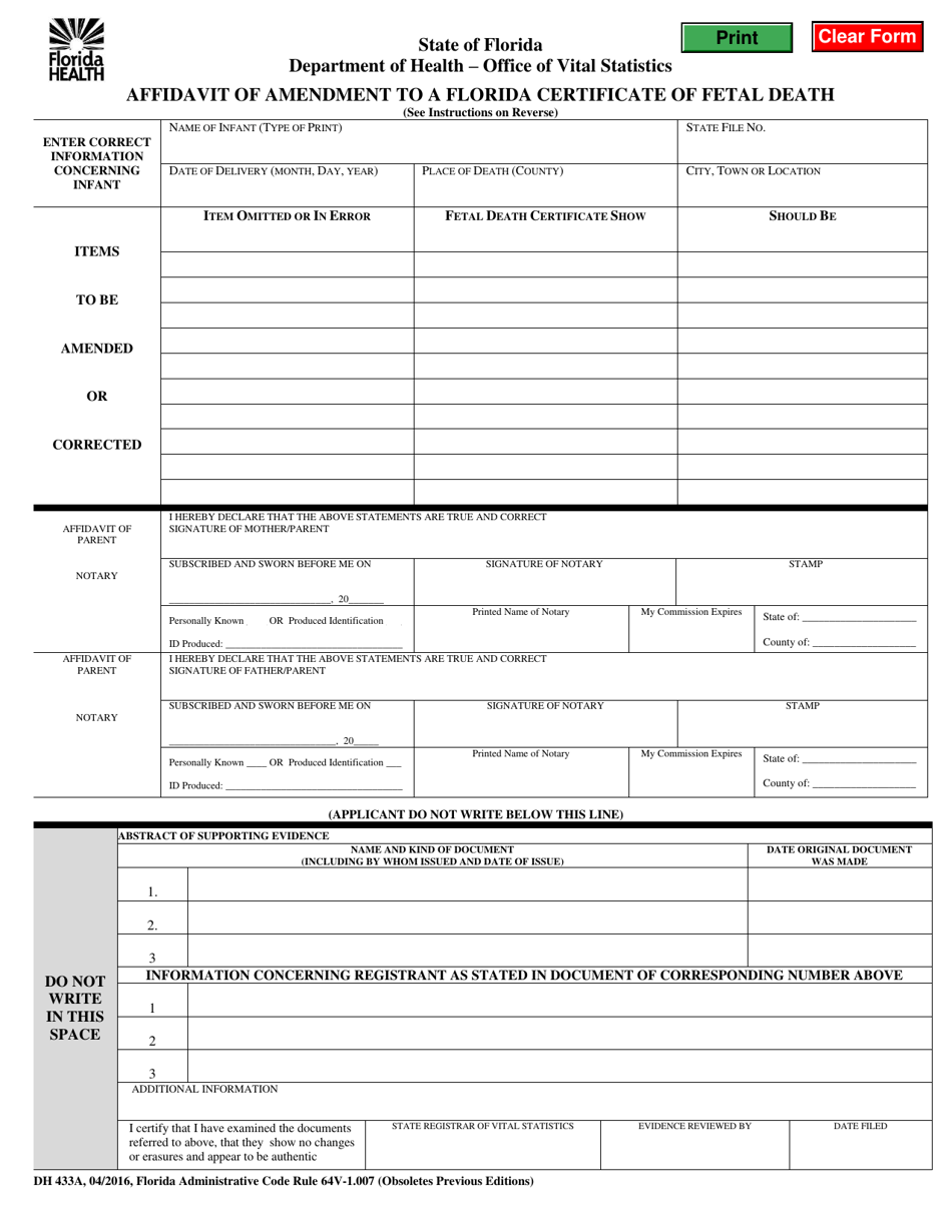 Form DH433A - Fill Out, Sign Online and Download Fillable PDF, Florida ...