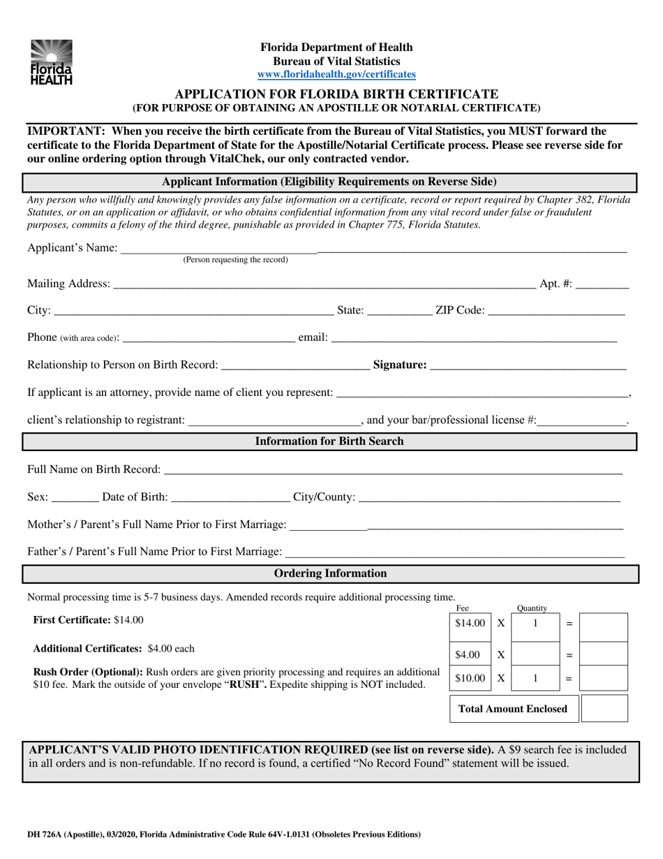 Form DH726A - Fill Out, Sign Online and Download Printable PDF, Florida ...