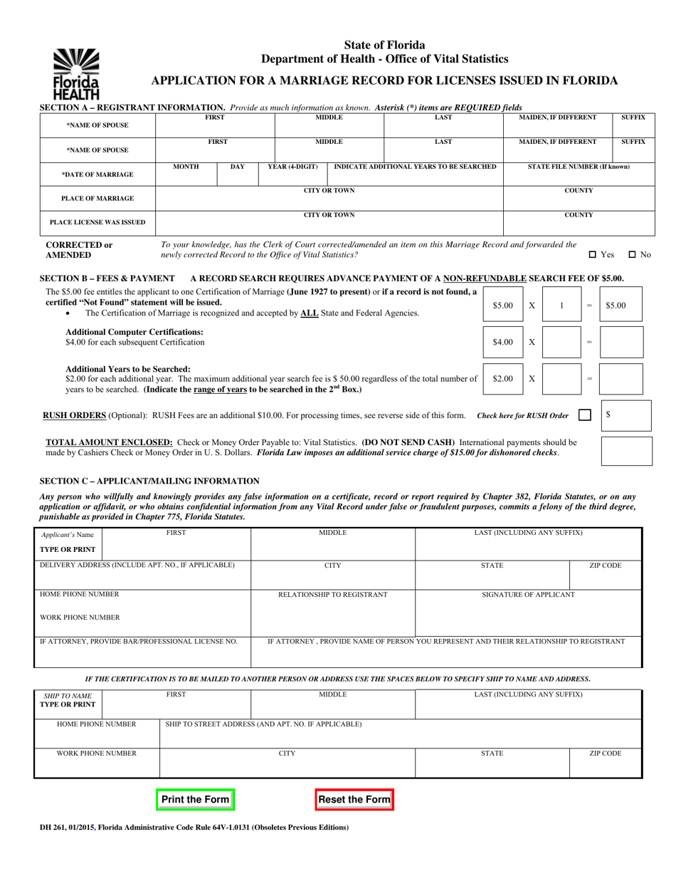 Form DH261 - Fill Out, Sign Online and Download Fillable PDF, Florida ...